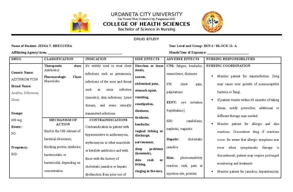 Drug Sudy Azithromycin CASE Scenario 6 Jessa Breguera - URDANETA CITY UNIVERSITY San Vicente ...