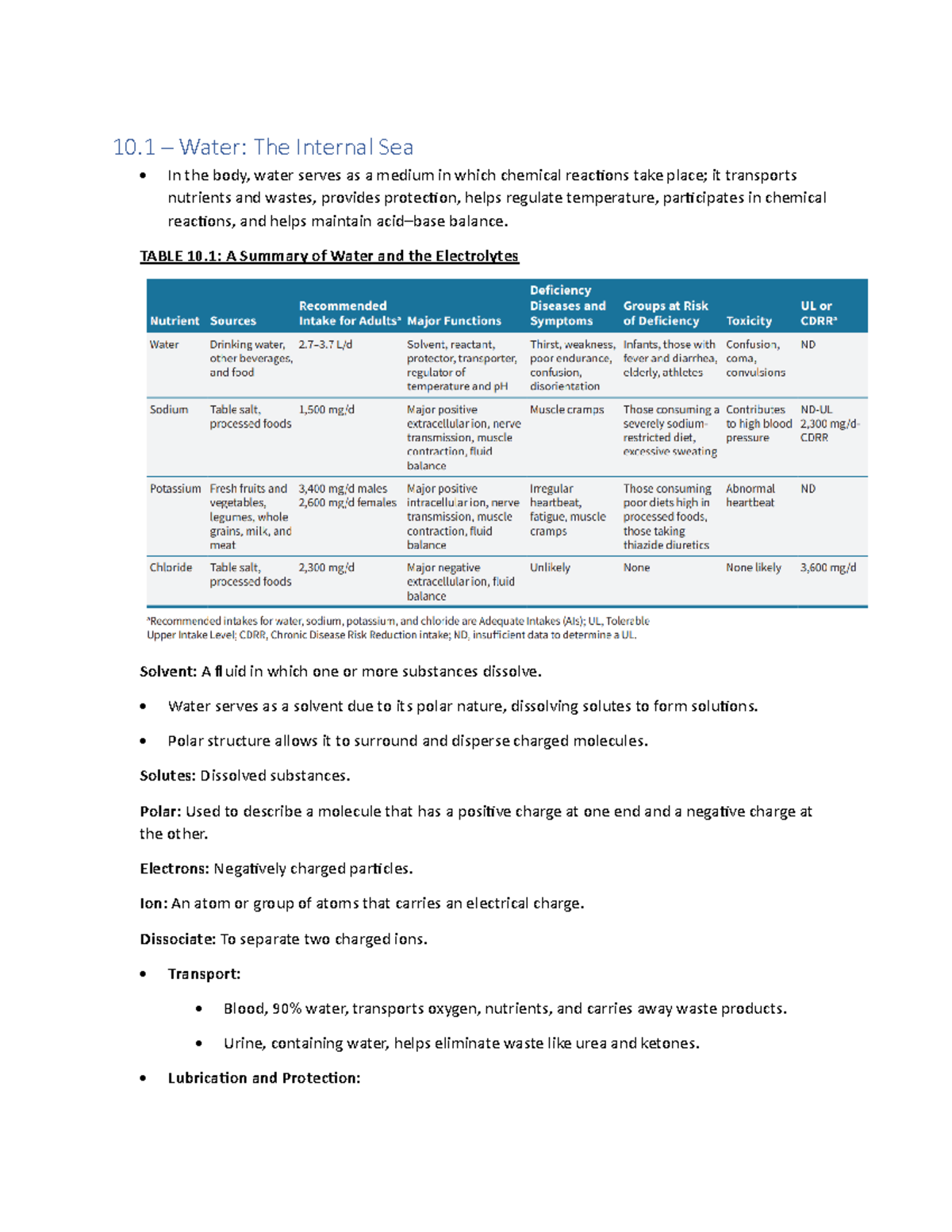 Body and Water - Notes - 10 – Water: The Internal Sea • In the body ...