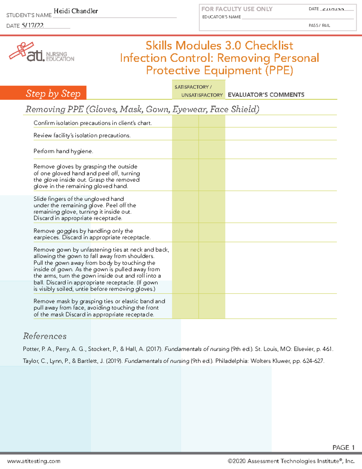 Skills 3 Checklist Infection Control Removing PPE - EDUCATOR ...