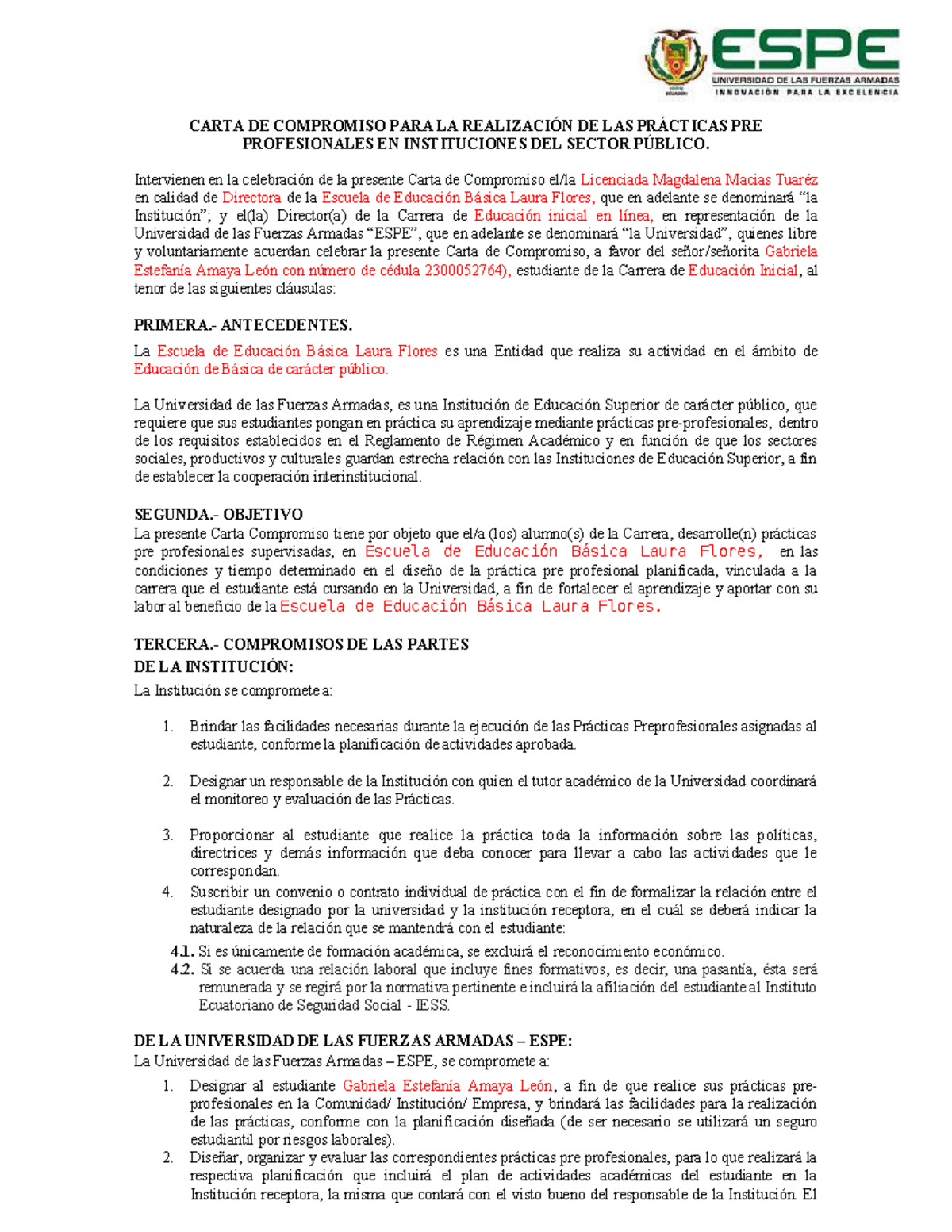 Carta Compromiso Lista - CARTA DE COMPROMISO PARA LA REALIZACIÓN DE LAS ...