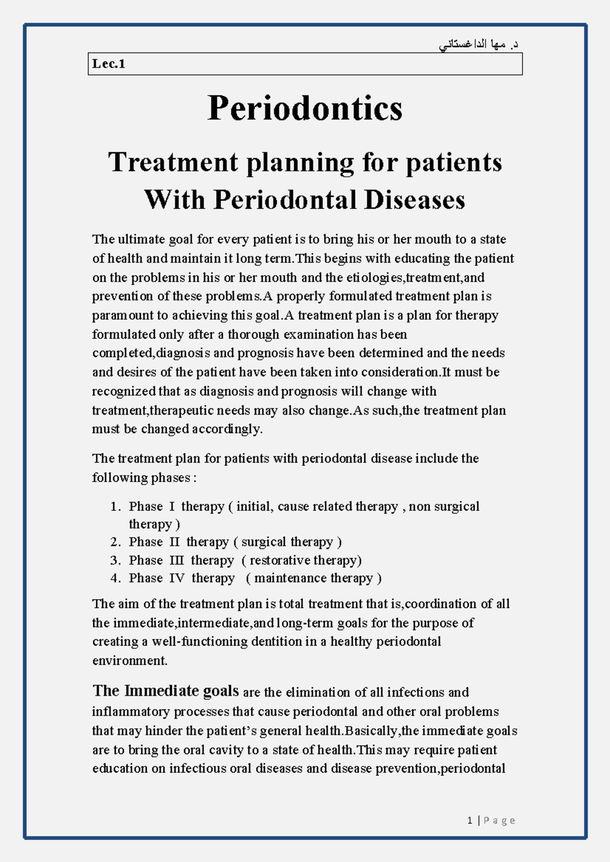 Perio lec15 - Lec. Periodontics Treatment planning for patients With ...