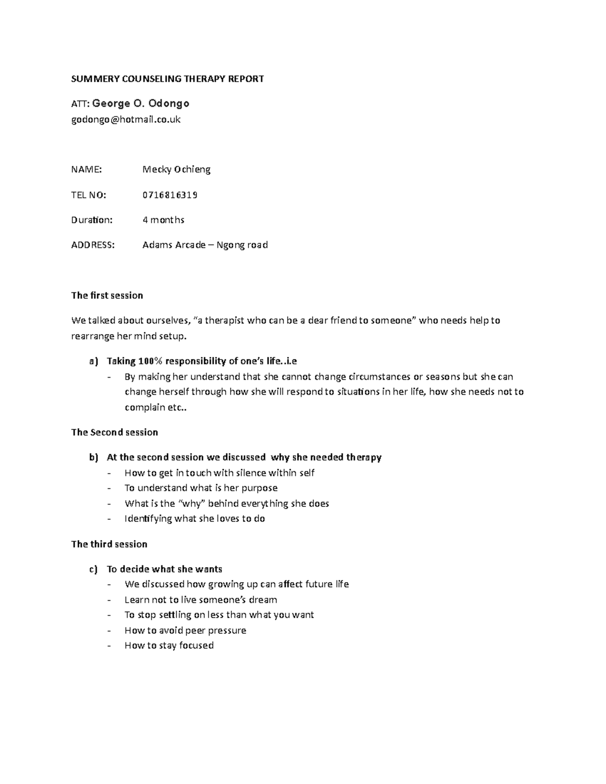 Summery Counseling Therapy Report - SUMMERY COUNSELING THERAPY REPORT ...