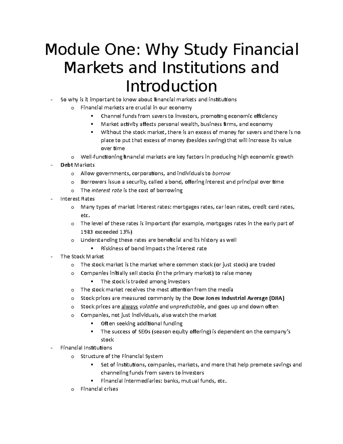 Module 1 - Fall 2022 - Module One: Why Study Financial Markets and ...