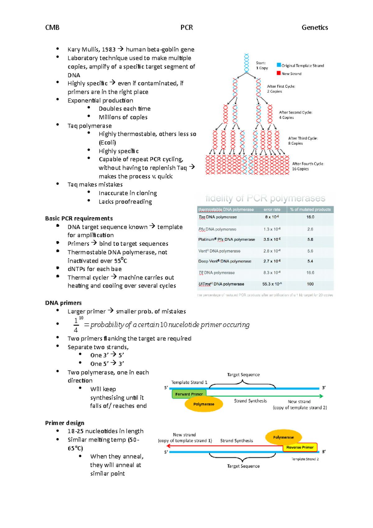 PCR - lecture notes from 1st year genetics - CMB PCR Kary Mullis, 1983 ...