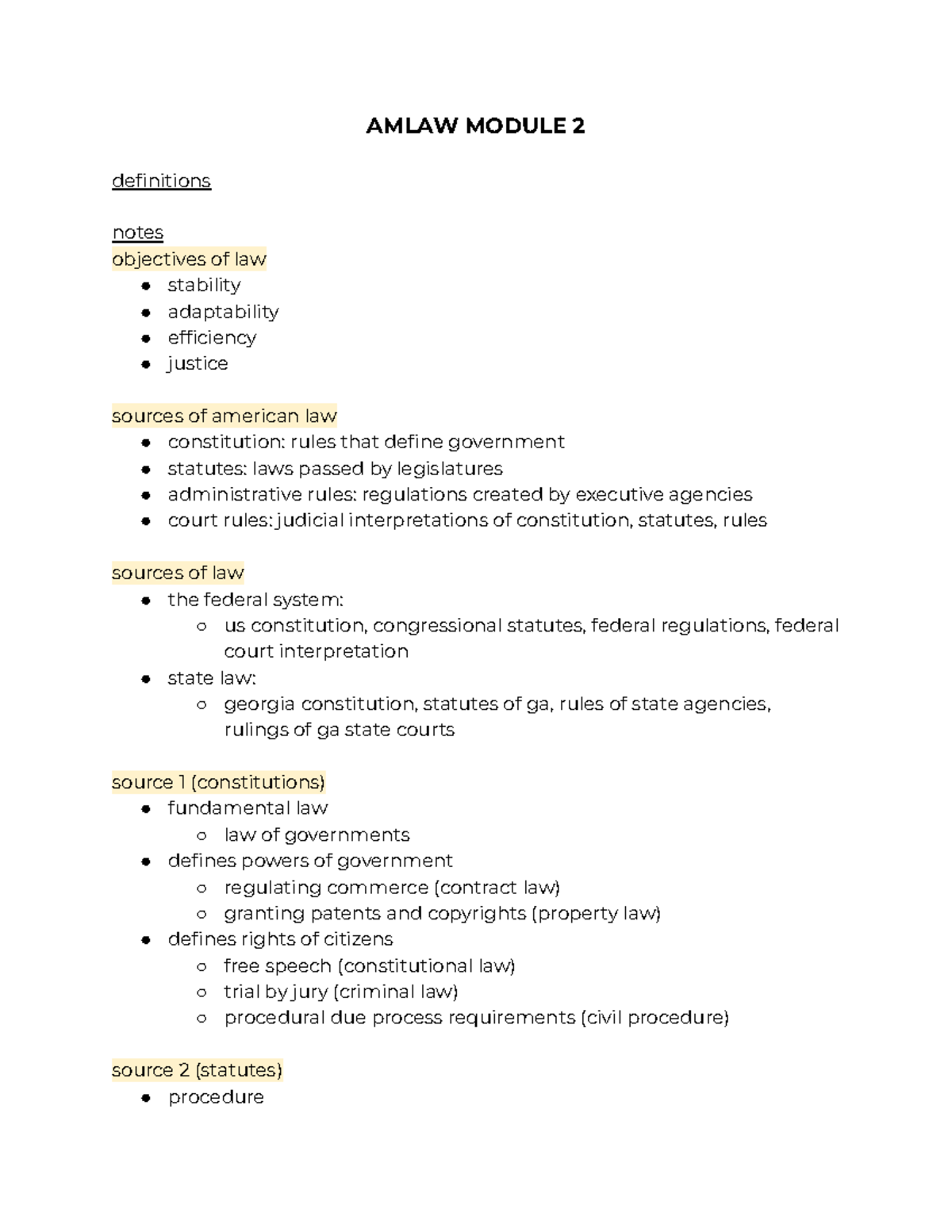sources of american law - AMLAW MODULE 2 definitions notes objectives ...