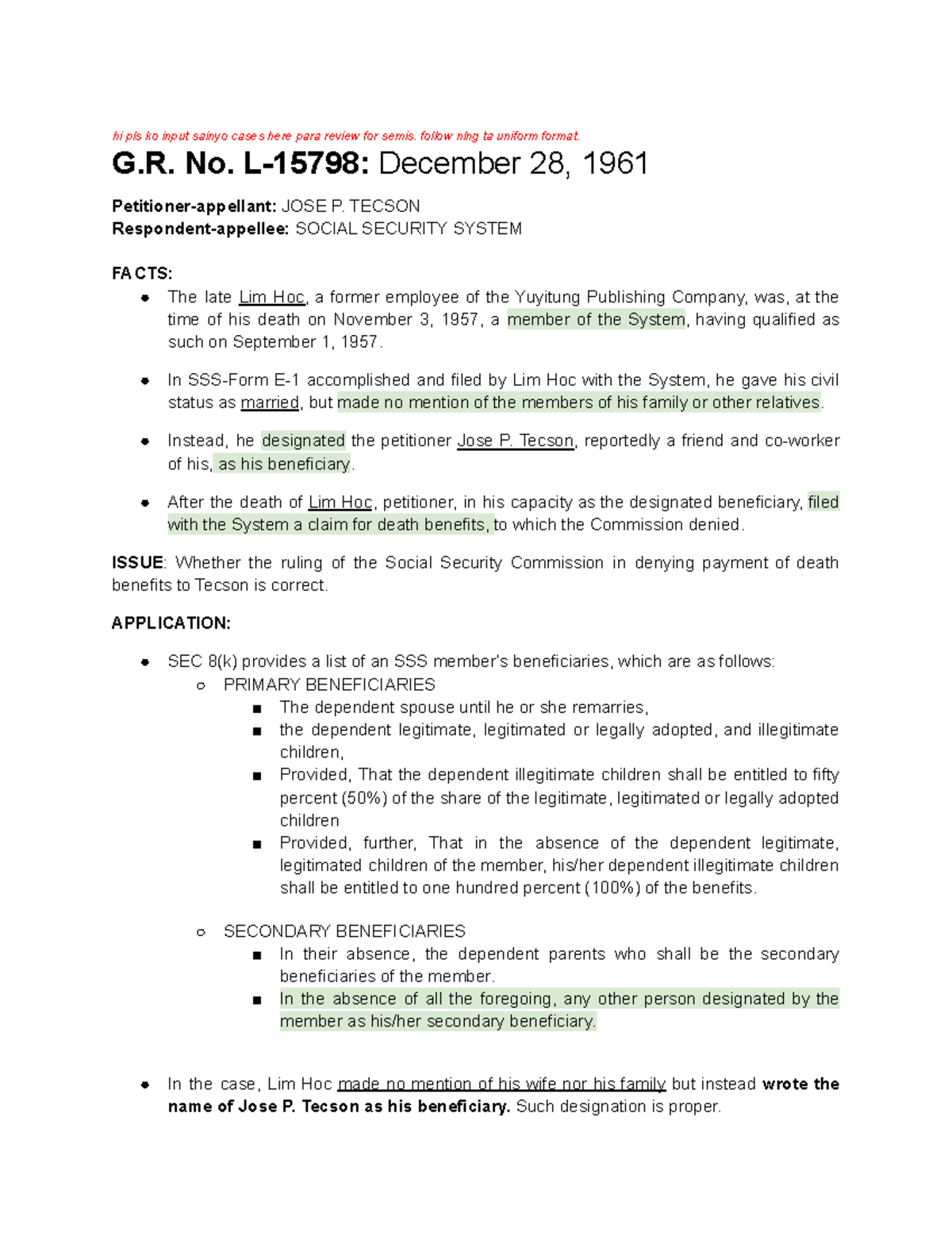 Case digests notes on SSS and GSIS Cases (SSS and GSIS law) - hi pls ko ...