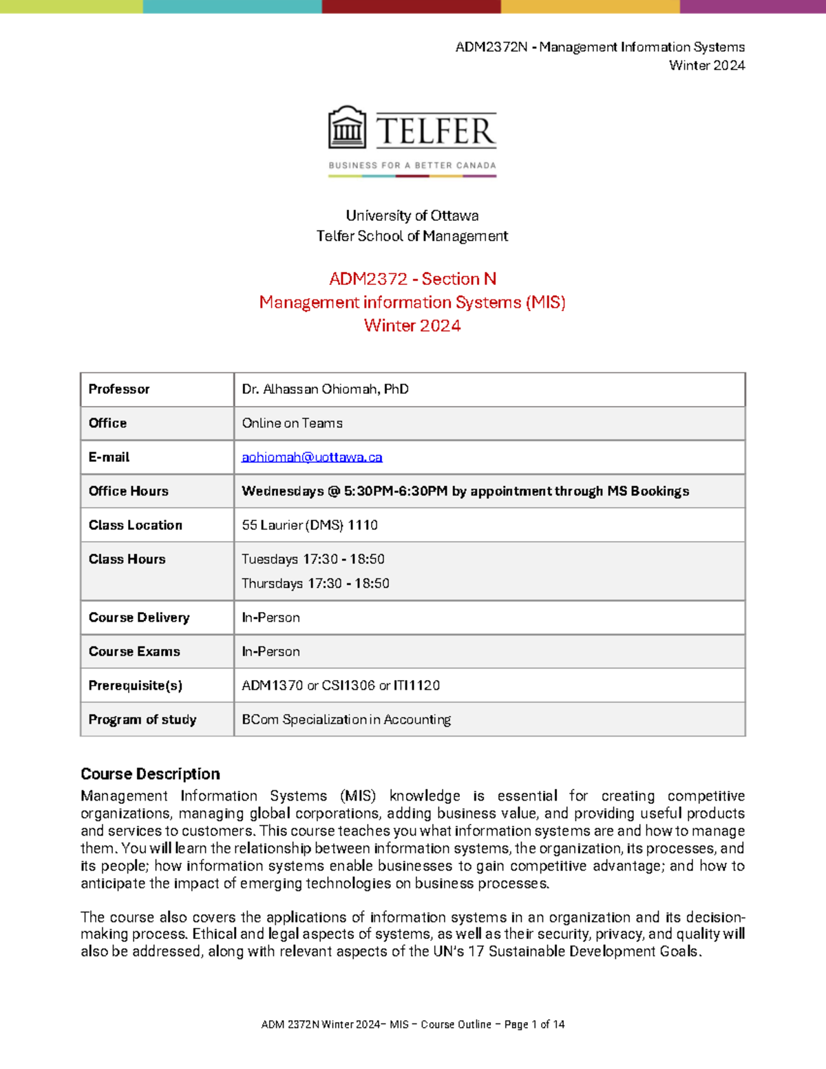 ADM2372N MIS - Course Syllabus - Winter 2024 - Draft - Winter 202 4 ...