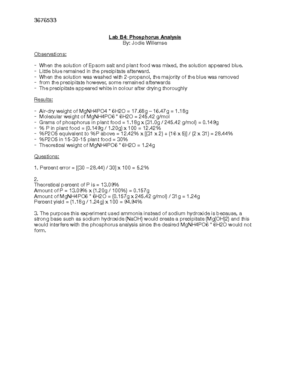 Lab B4 - 100% - 3676533 Lab B4: Phosphorus Analysis By: Jodie Willemse ...