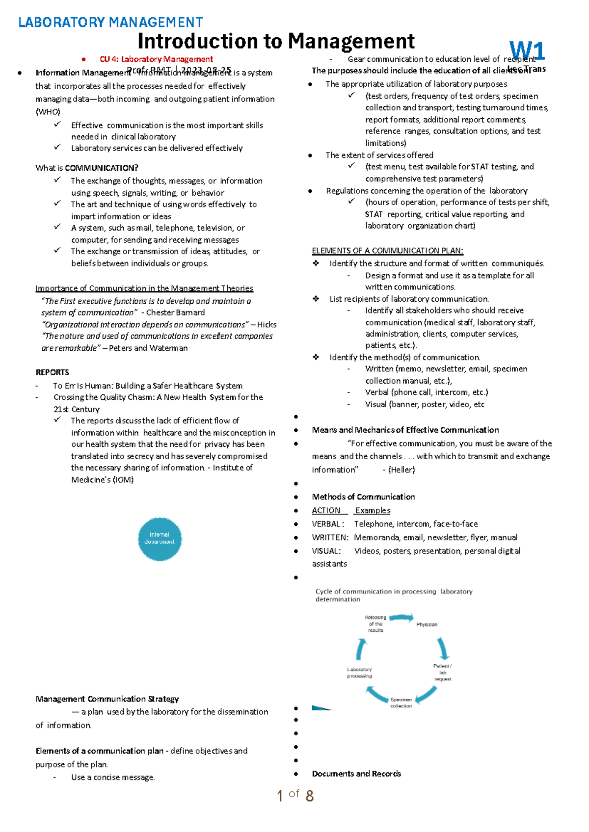 iNTRODUCTION TO LABORATORY MANAGEMENT - 1 of 8 LABORATORY MANAGEMENT ...