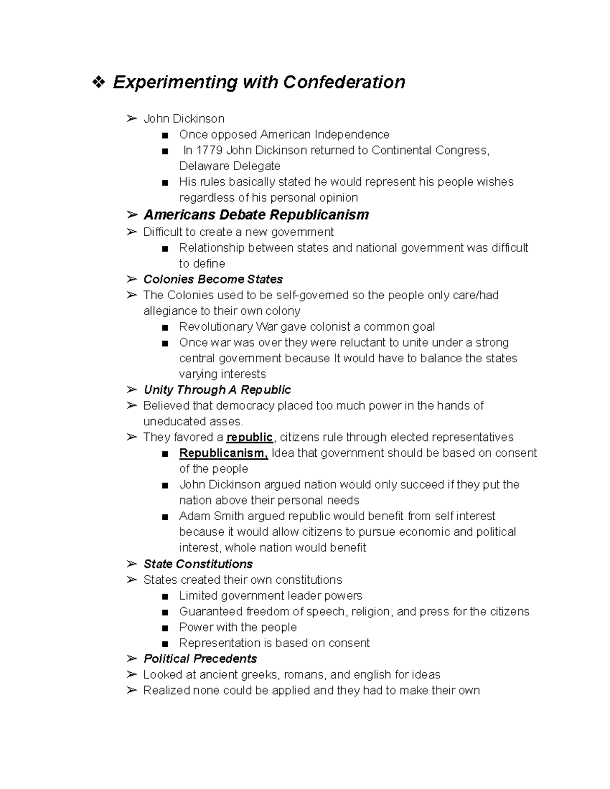 Chapter 5 US History Notes - Experimenting with Confederation John ...
