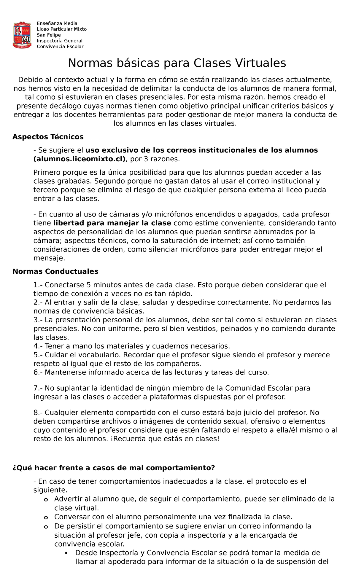 Normas básicas para clases virtuales - Enseñanza Media Liceo Particular ...