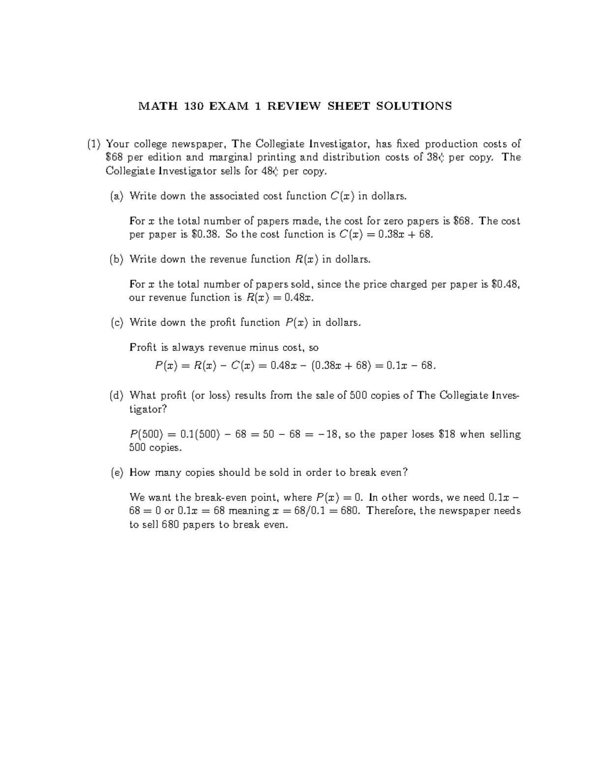 130Exam1Review Sheet Solns - MATH 130 EXAM 1 REVIEW SHEET SOLUTIONS (1 ...