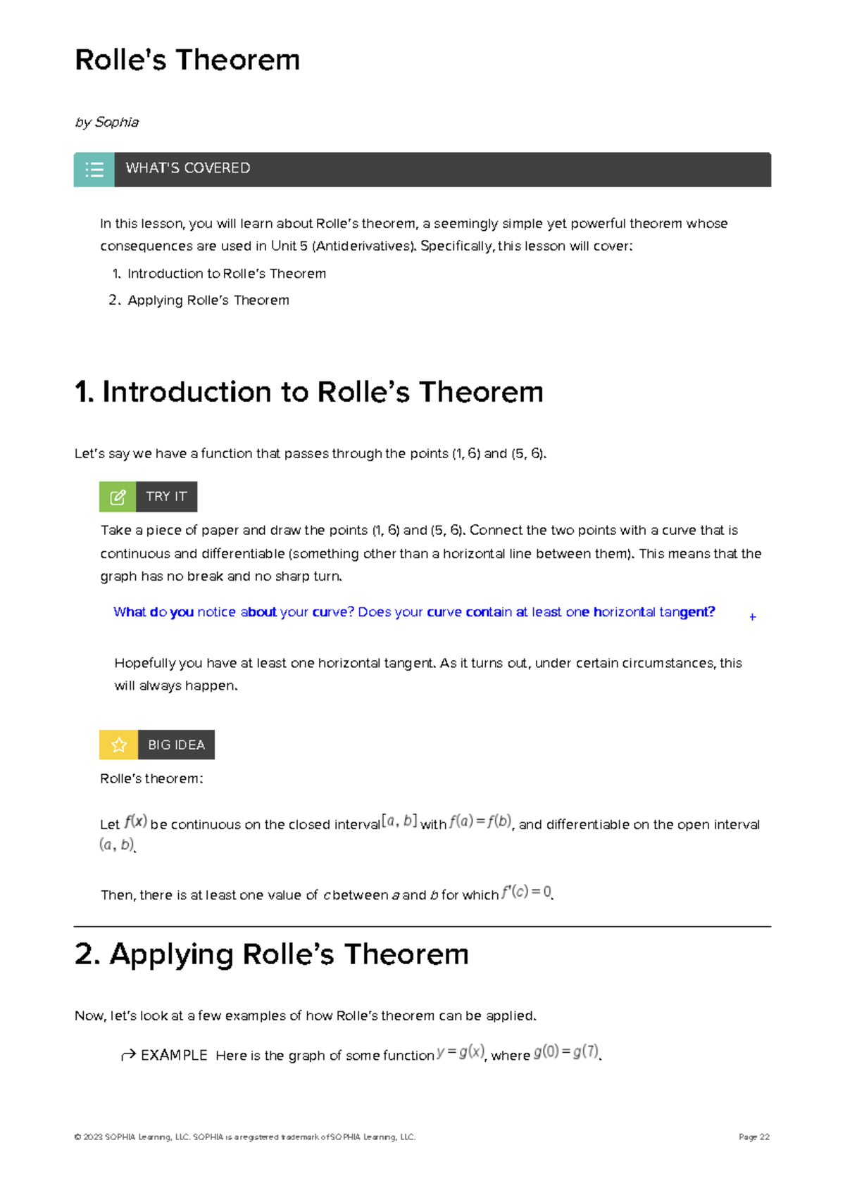 Calculus l Unit 4 Tutorials PDF1 - Rolle's Theorem by Sophia In this ...