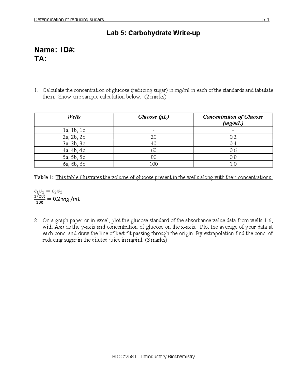 Carbohydrate Lab Write-Up - Determination of reducing sugars 5- BIOC ...