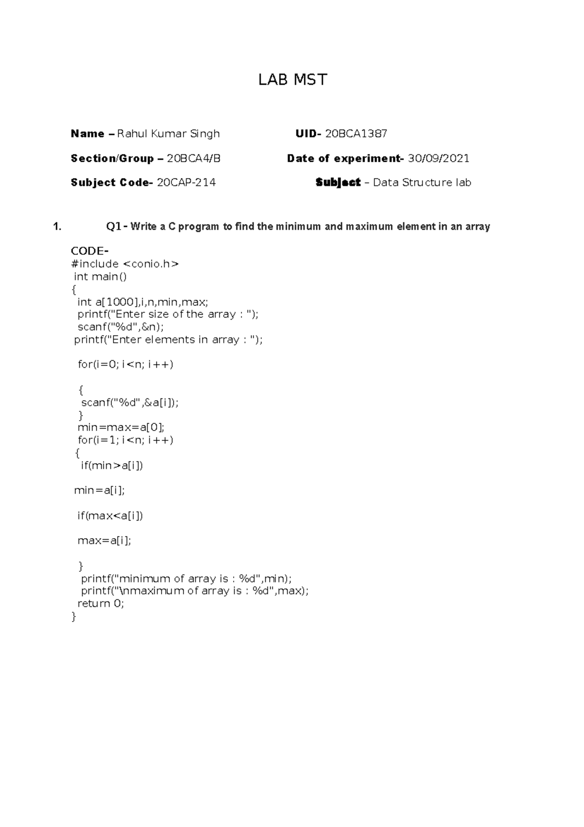 Lab Mst Ds Data Structures Lab Mst Name Rahul Kumar Singh Uid 20bca Sectiongroup