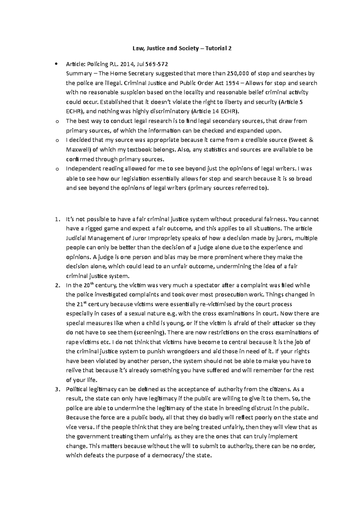 Law, Justice and Society - Tutorial 2 Answers - Law, Justice and ...