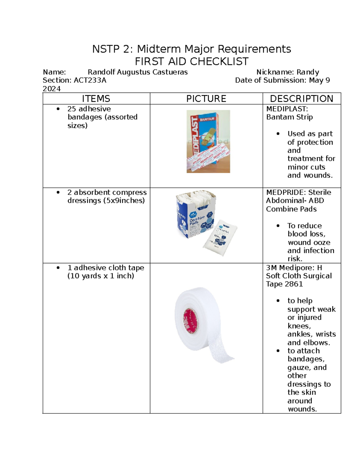 First AID Checklist NSTP 2 - NSTP 2: Midterm Major Requirements FIRST ...