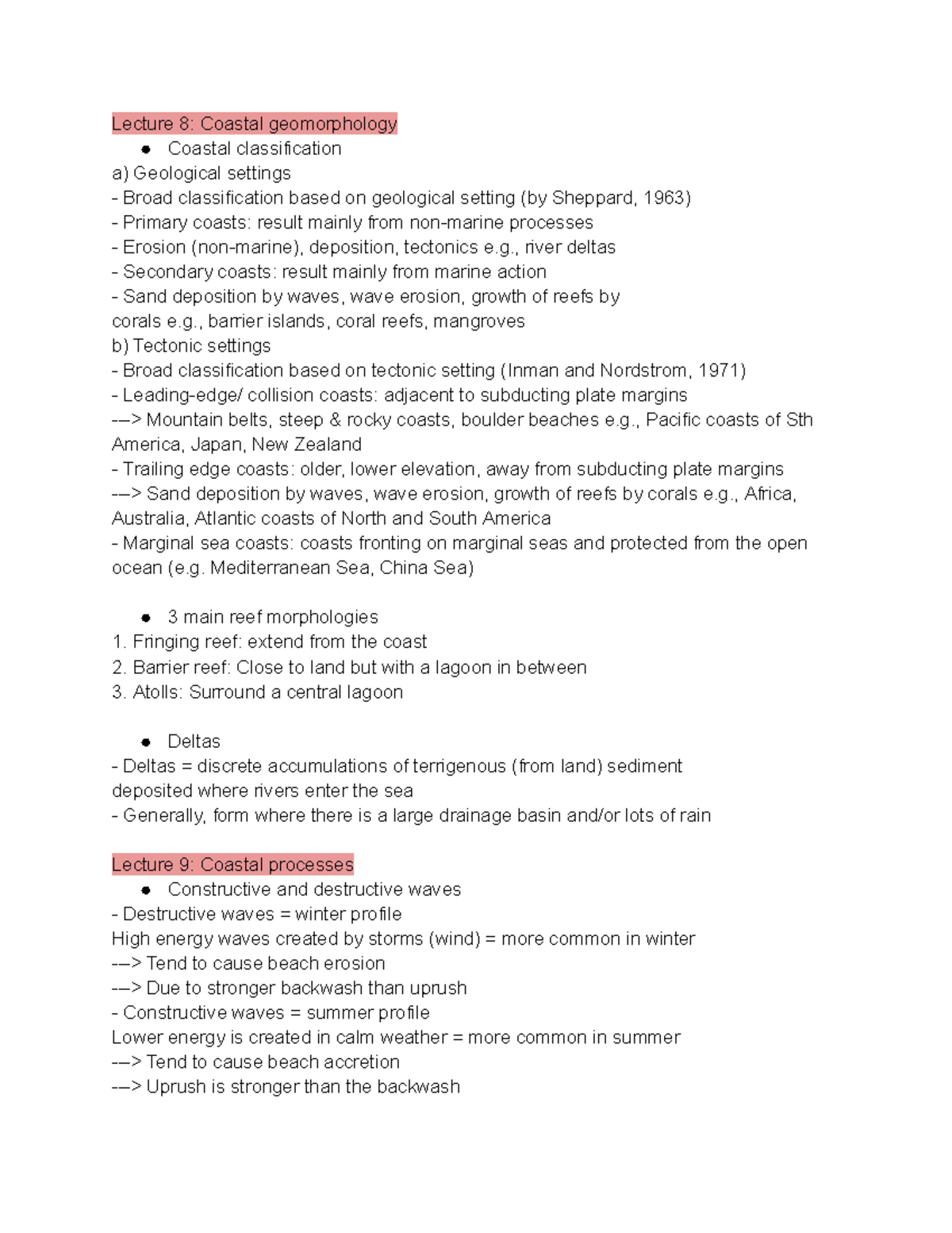 Environment notes 1 - Lecture 8: Coastal geomorphology Coastal ...