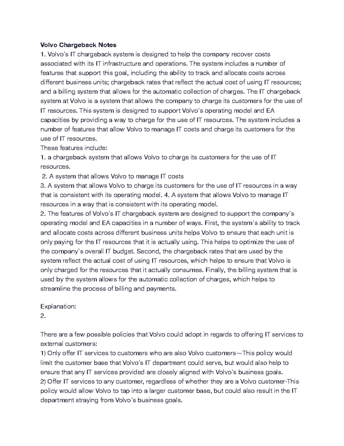 Volvo Chargeback case - Volvo Chargeback Notes Volvo's IT chargeback ...