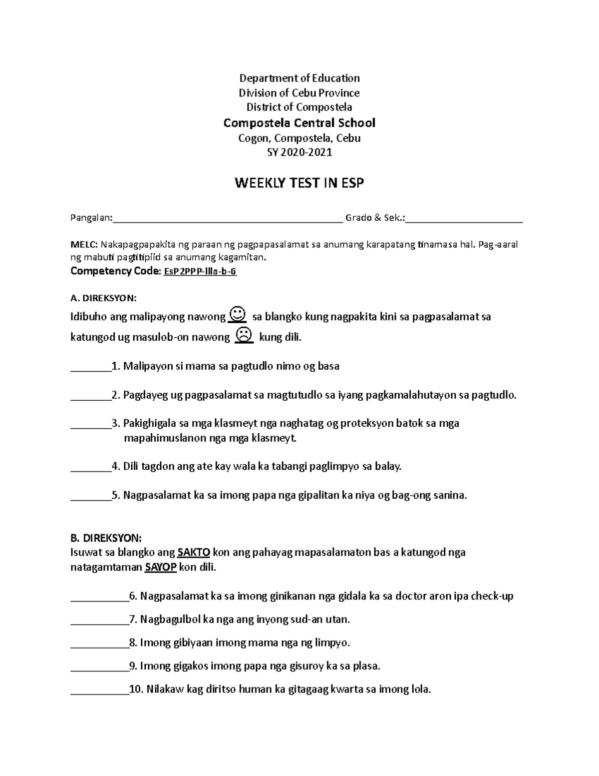Weekly Test ESP 2021 - Department of Education Division of Cebu ...