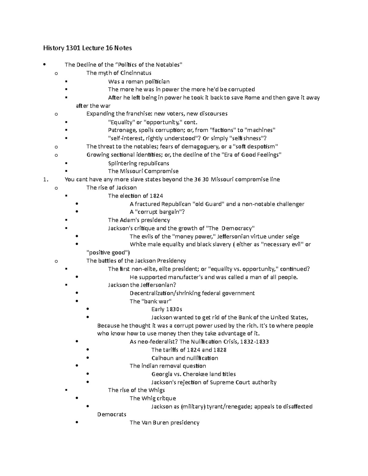 History 1301 Lecture 16 Notes - History 1301 Lecture 16 Notes The ...