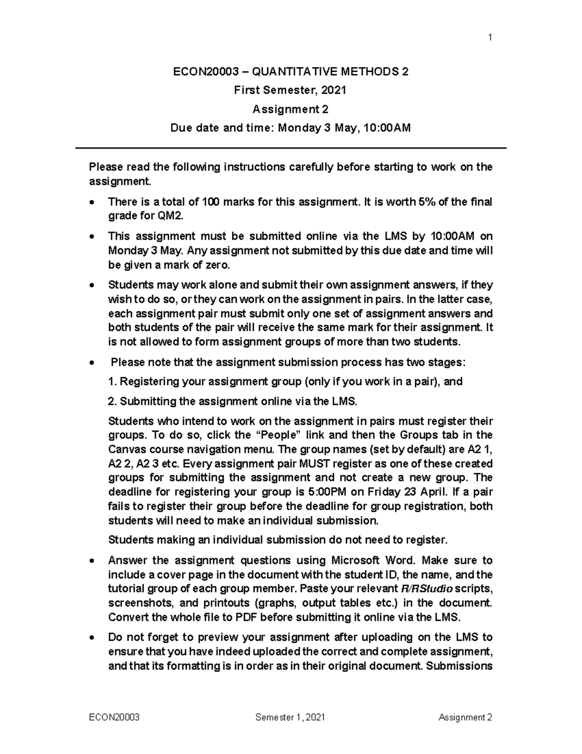 Assignment 2 Econ20003 Quantitative Methods 2 First Semester 2021 Assignment 2 Due Date And