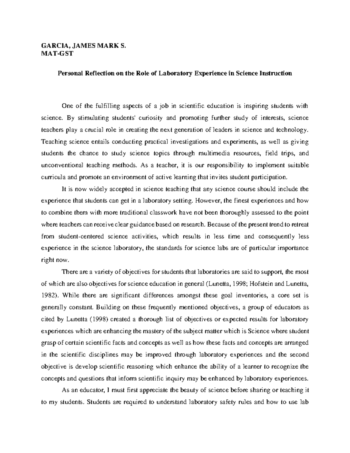 Personal Reflection on the Role of Laboratory Experience in Science ...