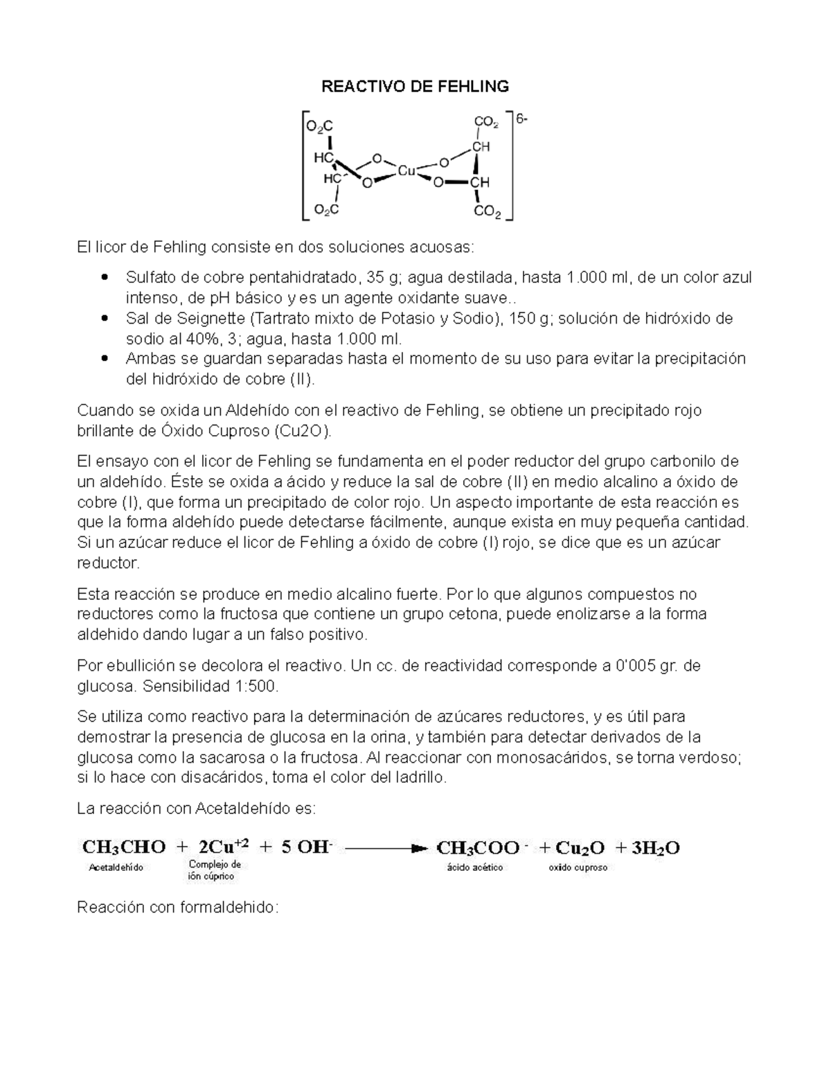 Reactivo DE Fehling - REACTIVO DE FEHLING El licor de Fehling consiste ...