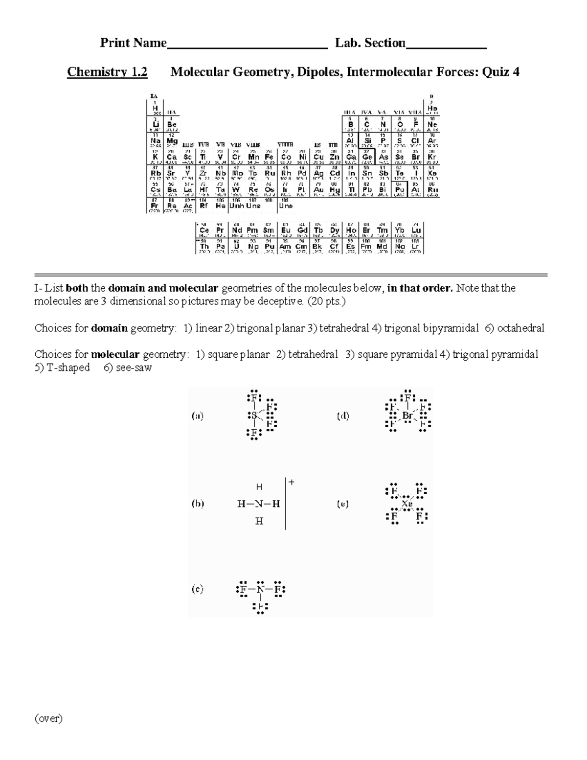 Molecular geometry spr09 - Print Name________________________ Lab ...