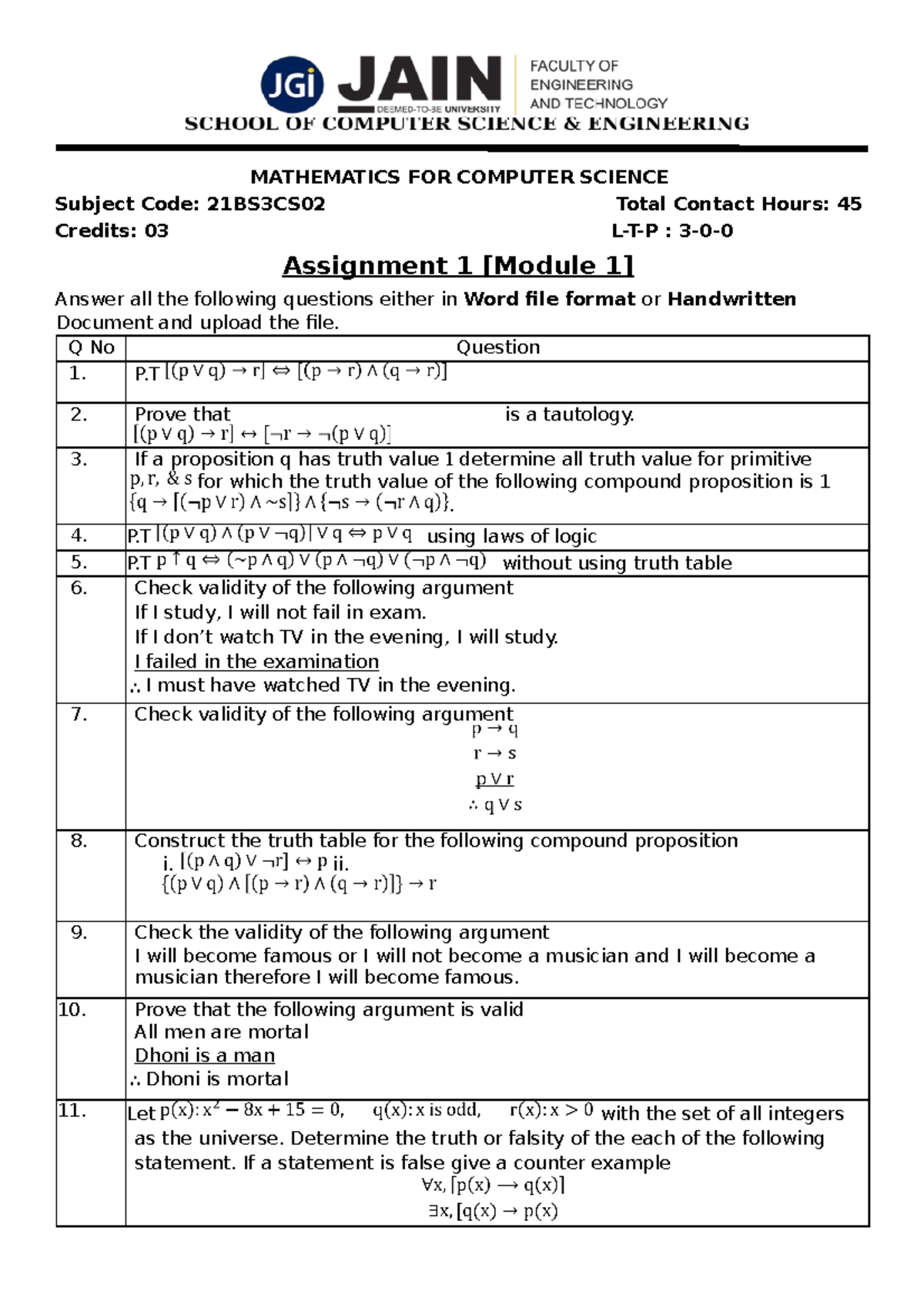 Mathematics FOR Computer Science Assignment 1 - MATHEMATICS FOR COMPUTER SCIENCE Subject Code ...