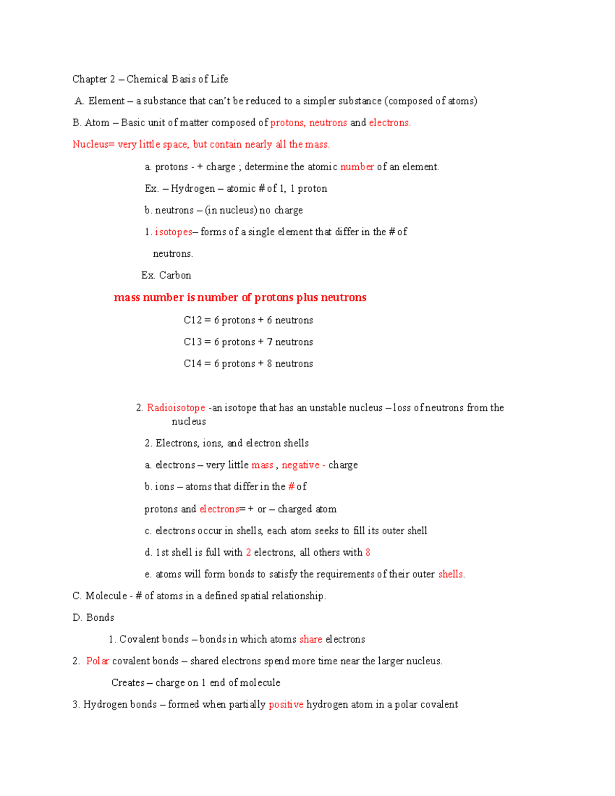 Bio 1000 Ch 2 - student notes - Chapter 2 – Chemical Basis of Life A ...