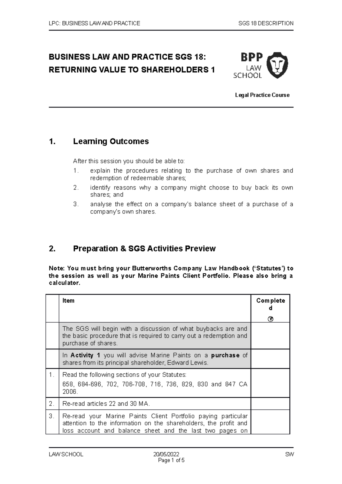 SGS 18 - SGS 18 description - LPC: BUSINESS LAW AND PRACTICE SGS 18 ...