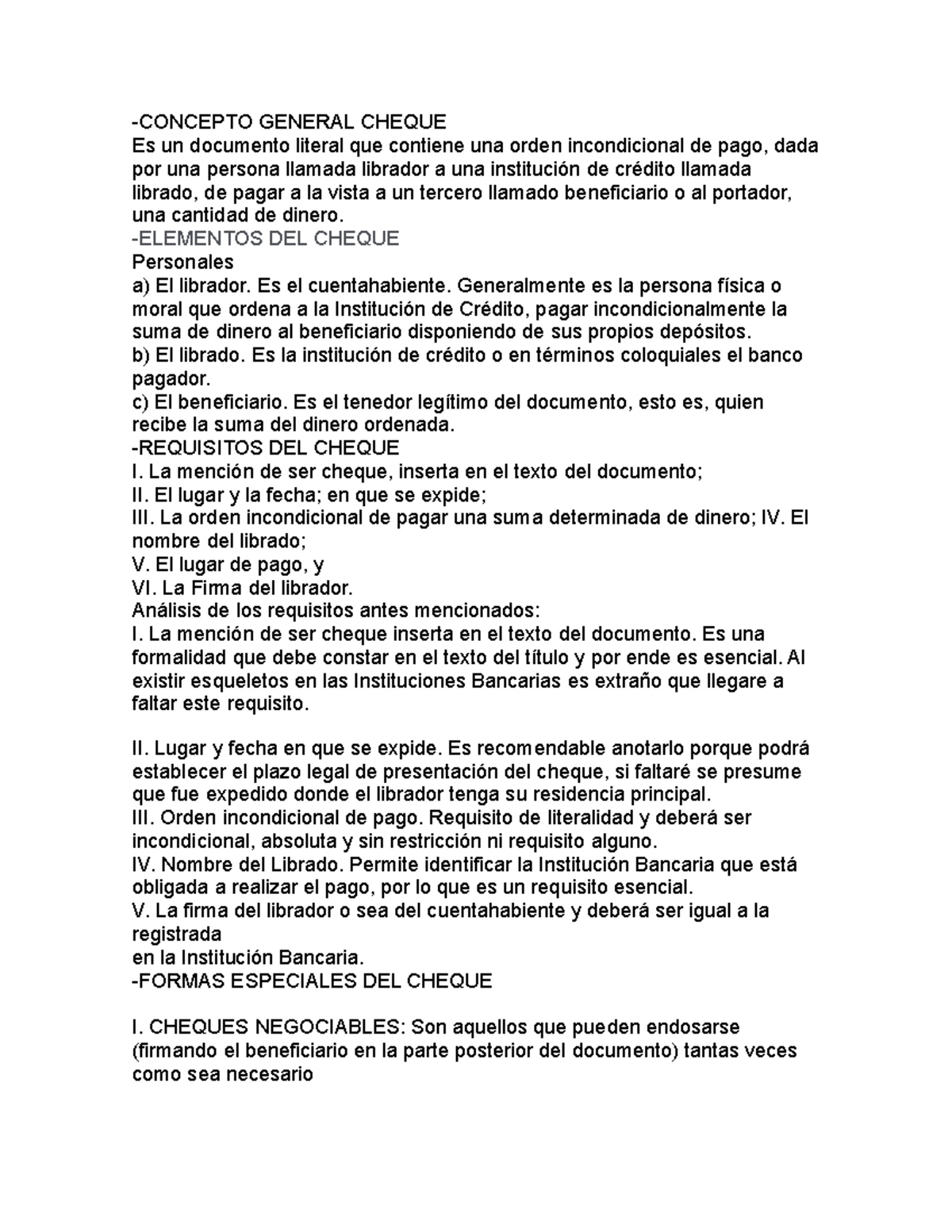 Cheque -CONCEPTO GENERAL CHEQUE Es un documento literal que contiene ...
