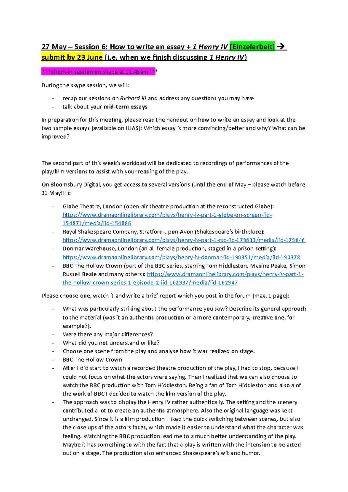 Shakespeare - Henry IV - part 1 - 27 May – Session 6: How to write an ...