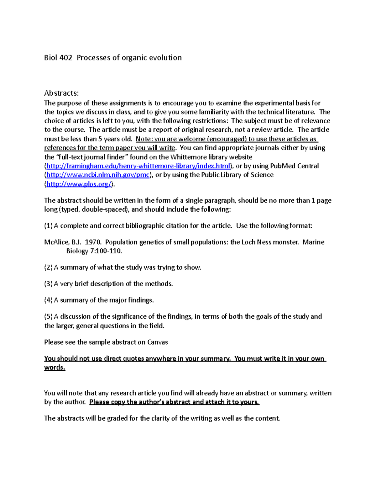 Evolution - abstracts - Organic Chemistry - Biol 402 Processes of ...