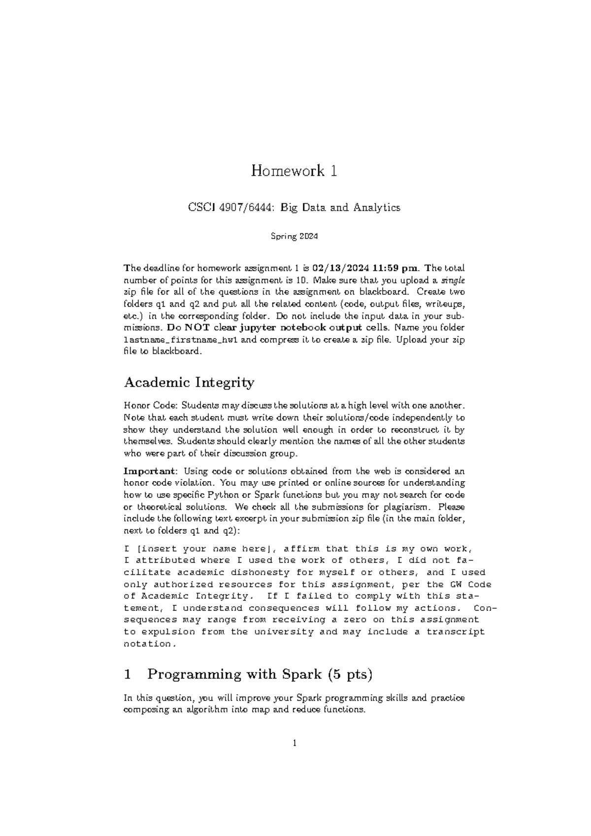 Bigdata hw1 - Big data analytics - Homework 1 CSCI 4907/6444: Big Data and Analytics Spring 2024 ...