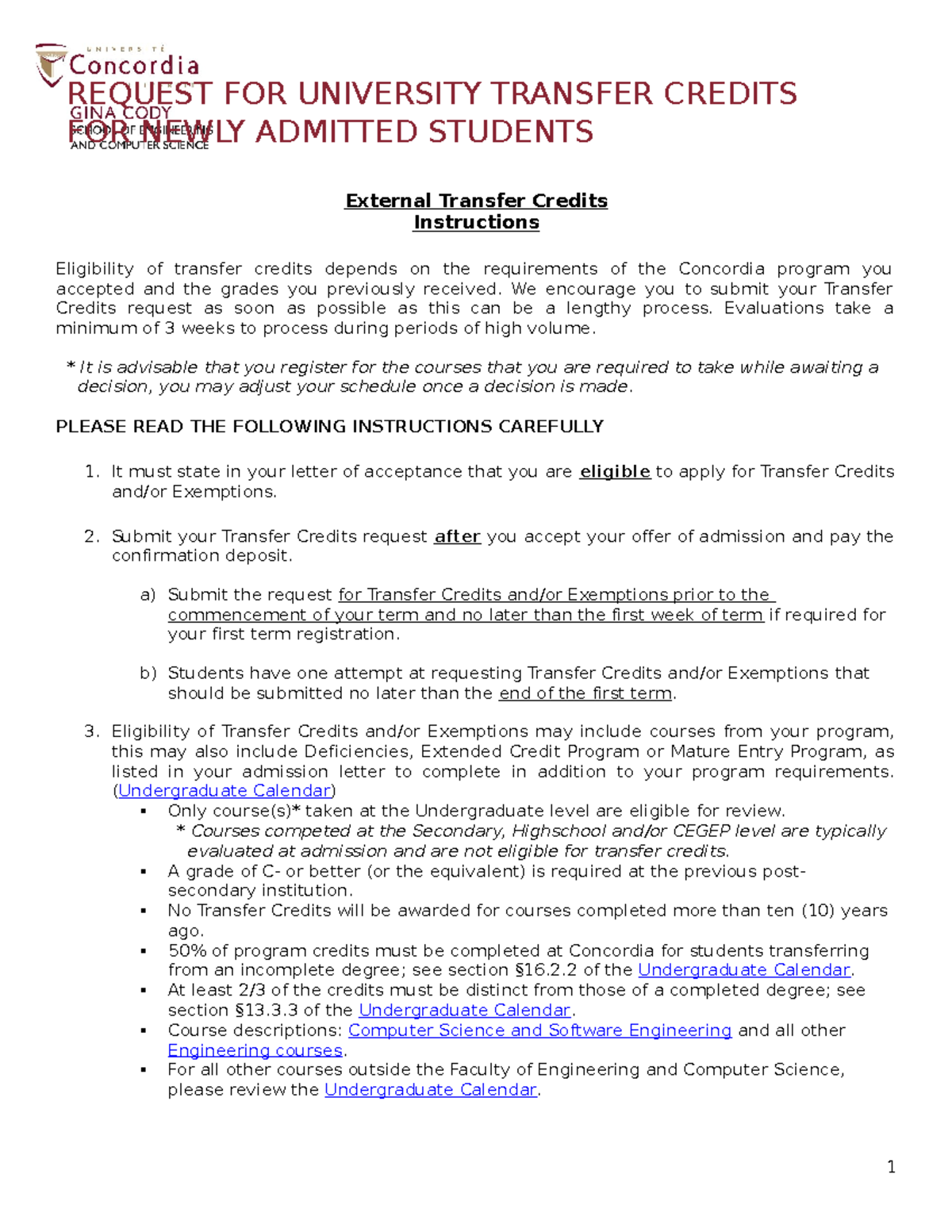 GCS Transfer Credit Exemption - REQUEST FOR UNIVERSITY TRANSFER CREDITS ...