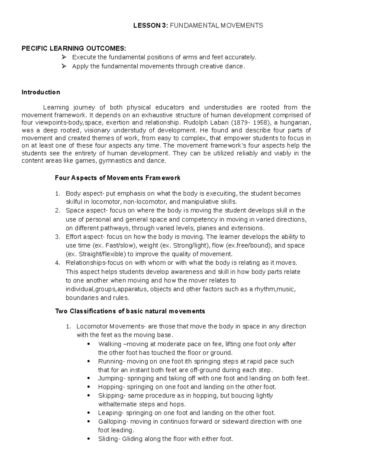 Lesson 3 - LESSON 3: FUNDAMENTAL MOVEMENTS PECIFIC LEARNING OUTCOMES ...