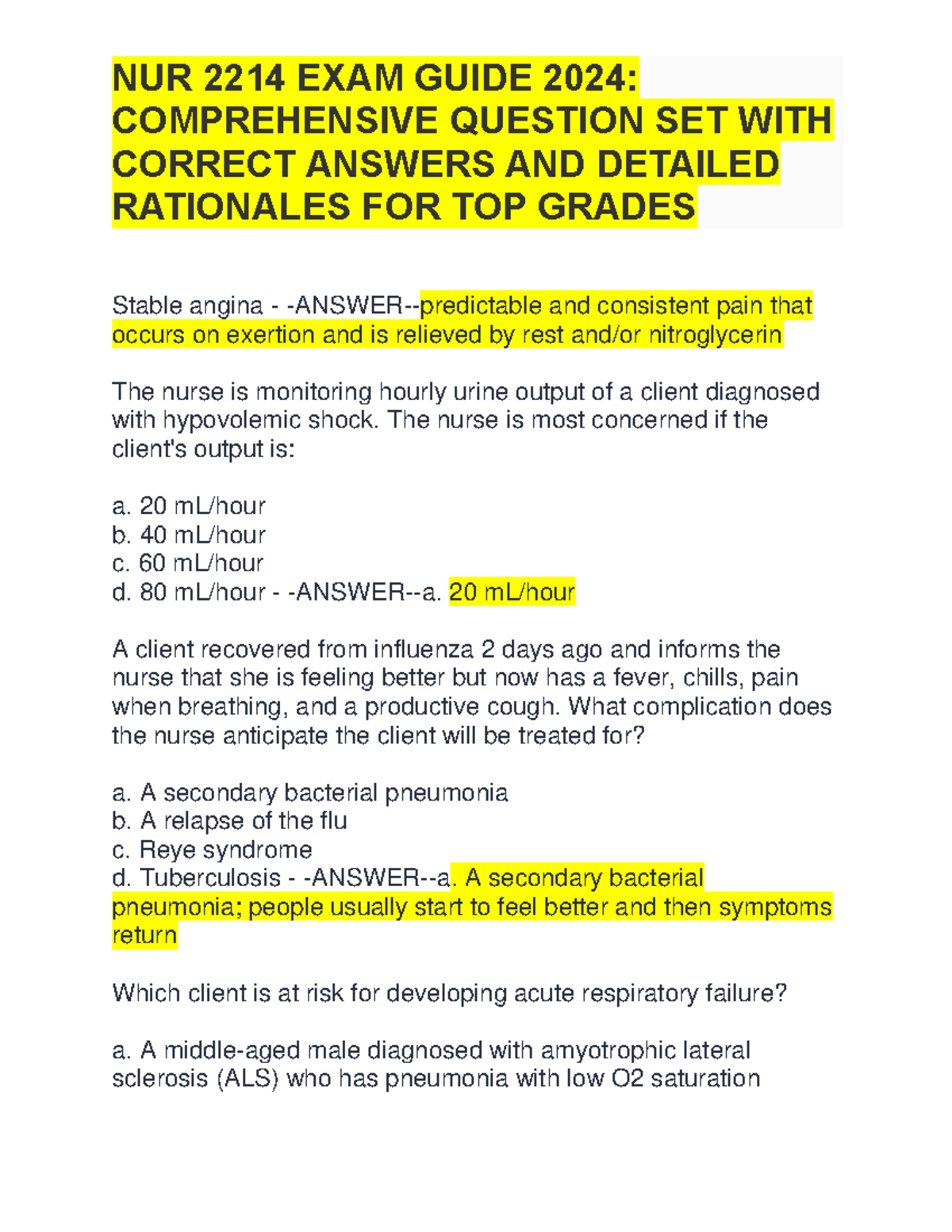 NUR 2214 EXAM Guide 2024 - COMPREHENSIVE QUESTION SET WITH CORRECT ...