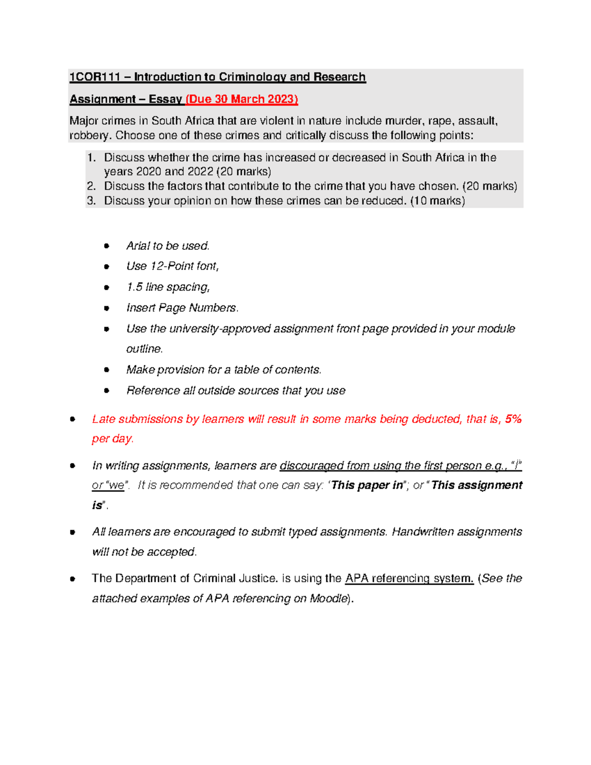 1COR111 Assignment - 1COR111 – Introduction to Criminology and Research ...