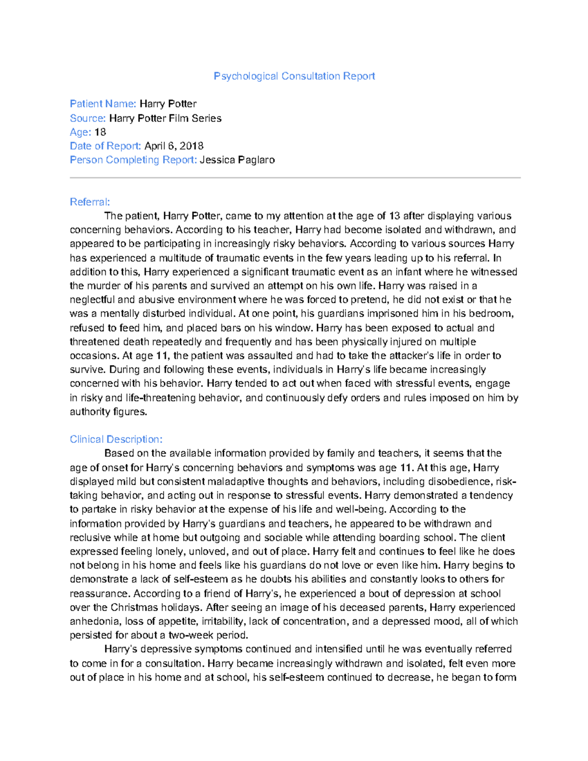 Psychological Consultation Report - Psychological Consultation Report ...