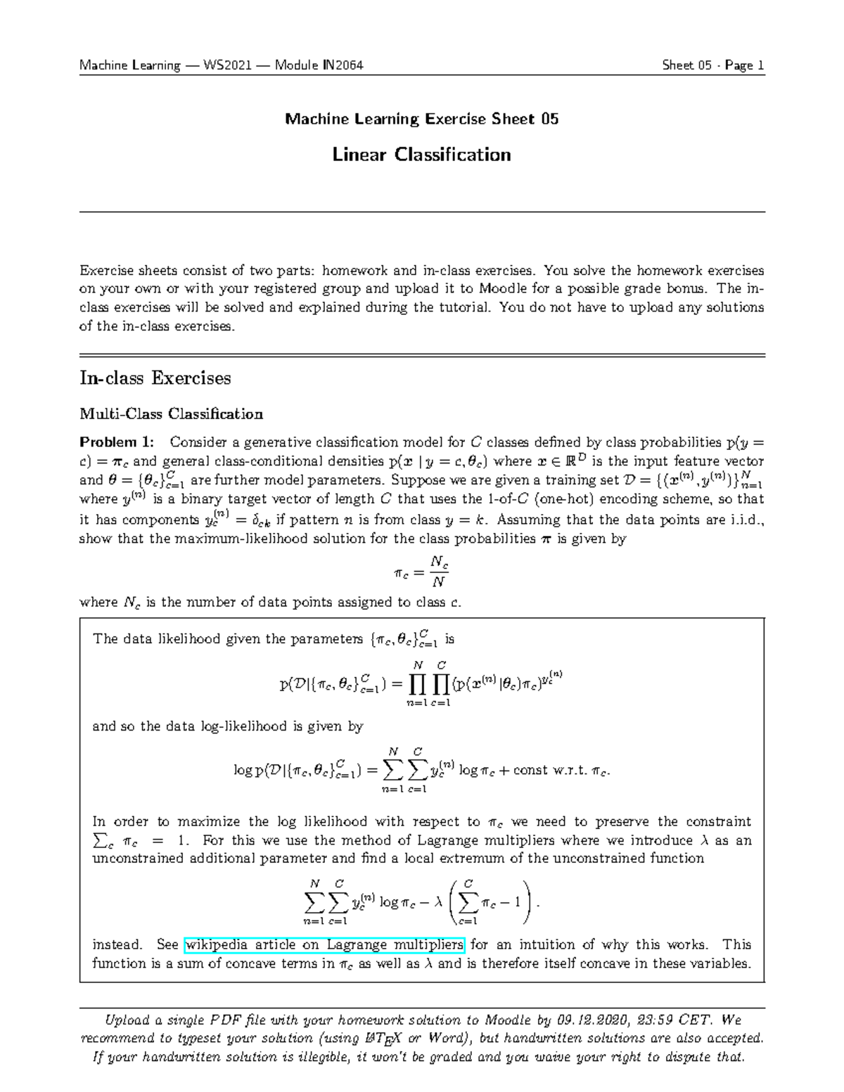 Exercise 05 linear classification inclass solution - Machine Learning — WS2021 — Module IN2064 ...