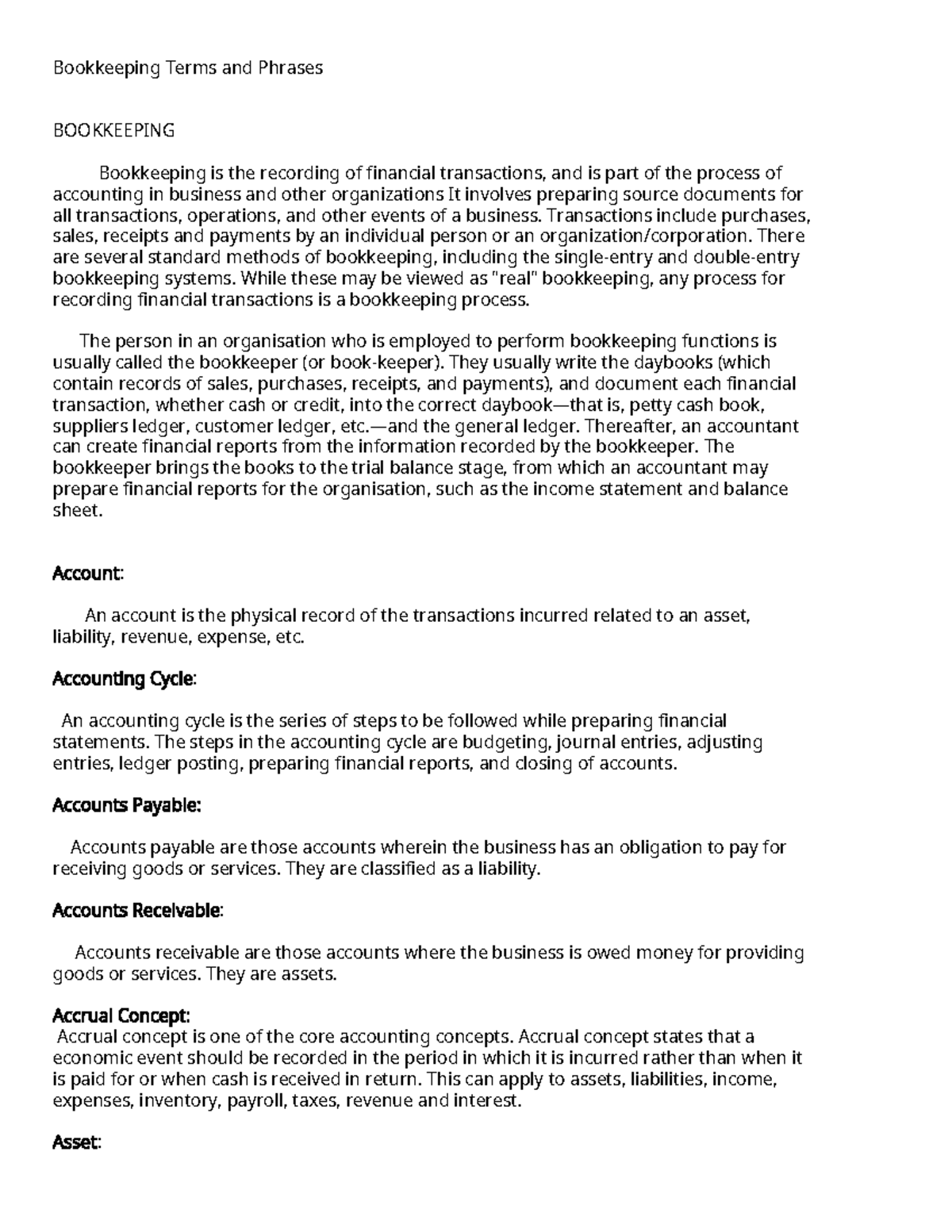 Bookkeeping (Accounting ) - Bookkeeping Terms and Phrases BOOKKEEPING ...