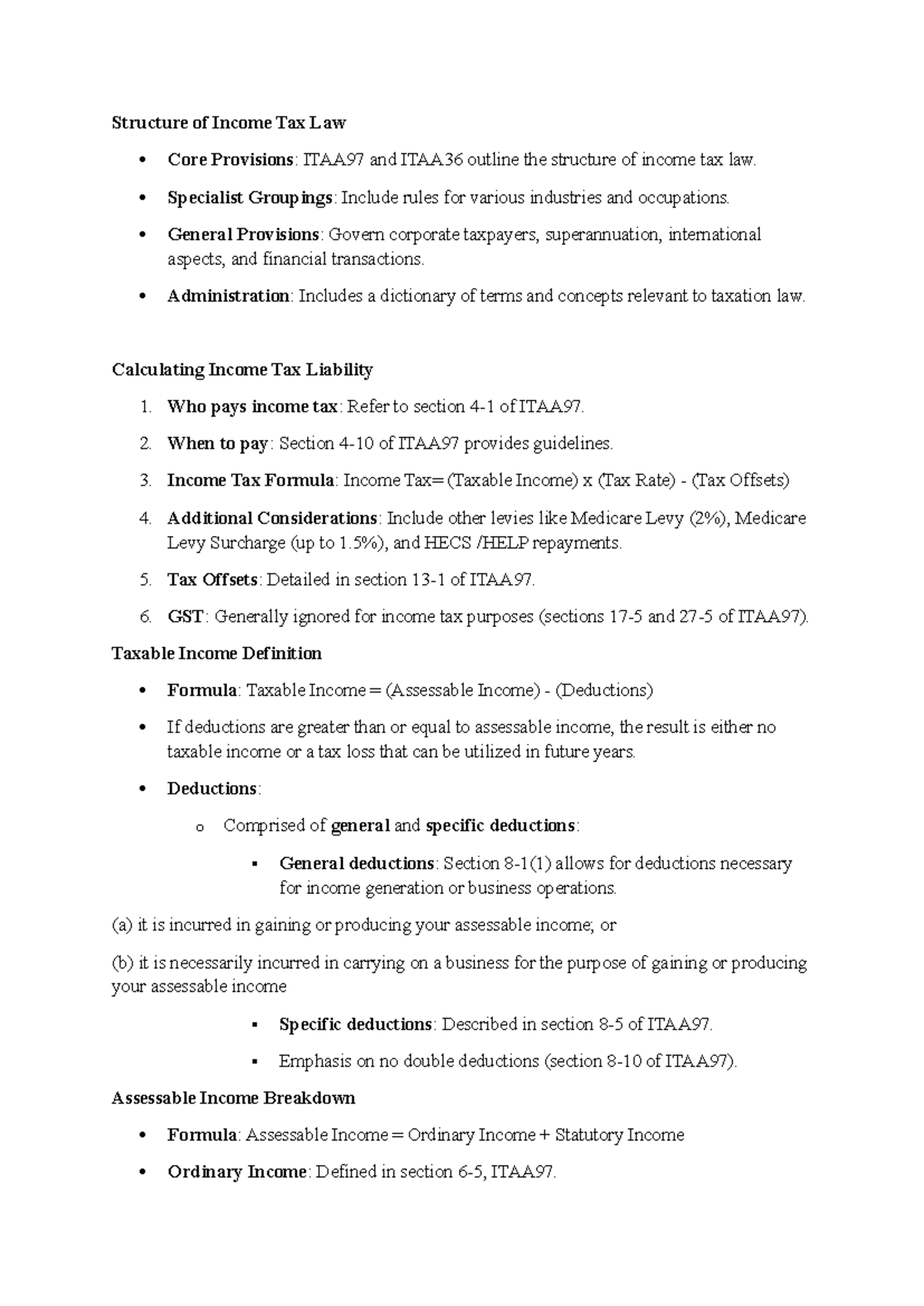 Taxation Law Exam Notes 2024 - Structure of Income Tax Law Core ...