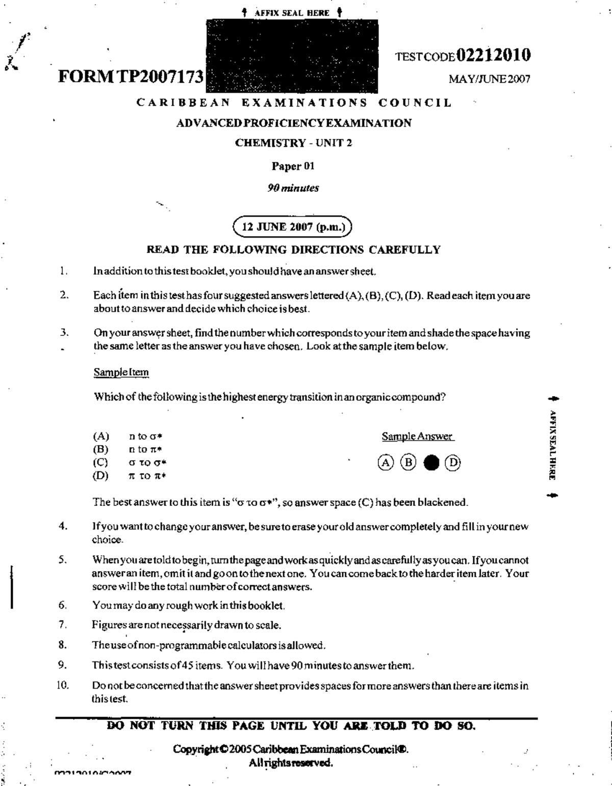 CAPE Chemistry 2007 U2 P1 - , ."" - f AFFIX SEAL HERE f TESTCODE FORM ...