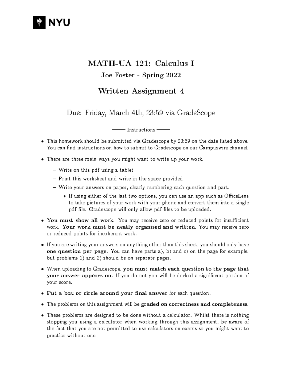 121 Written Assignment 4 - MATH-UA 121: Calculus I Joe Foster - Spring 2022 Written Assignment 4 ...