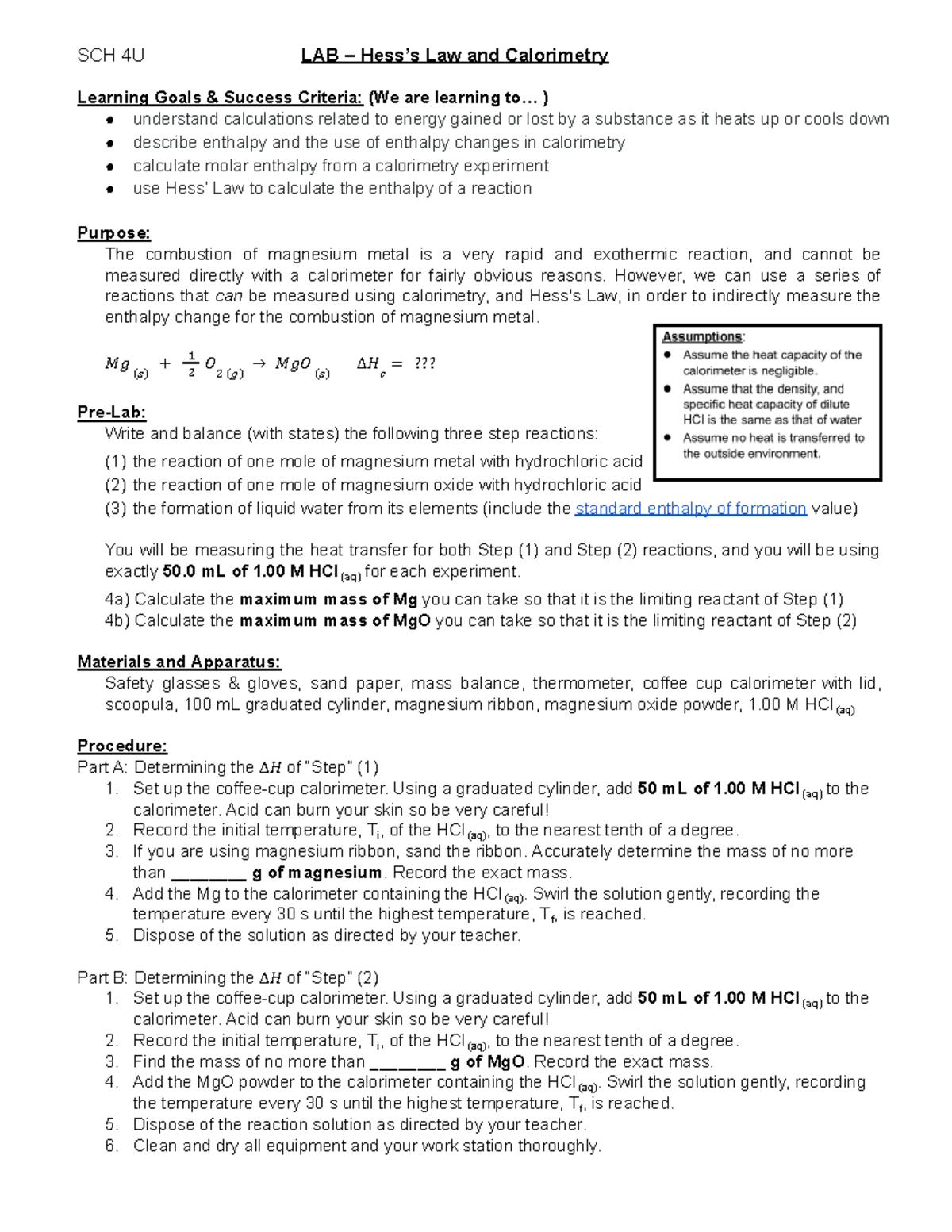 Hess and Calorimetry Lab v2 - SCH 4U LAB – Hess’s Law and Calorimetry Learning Goals & Success ...