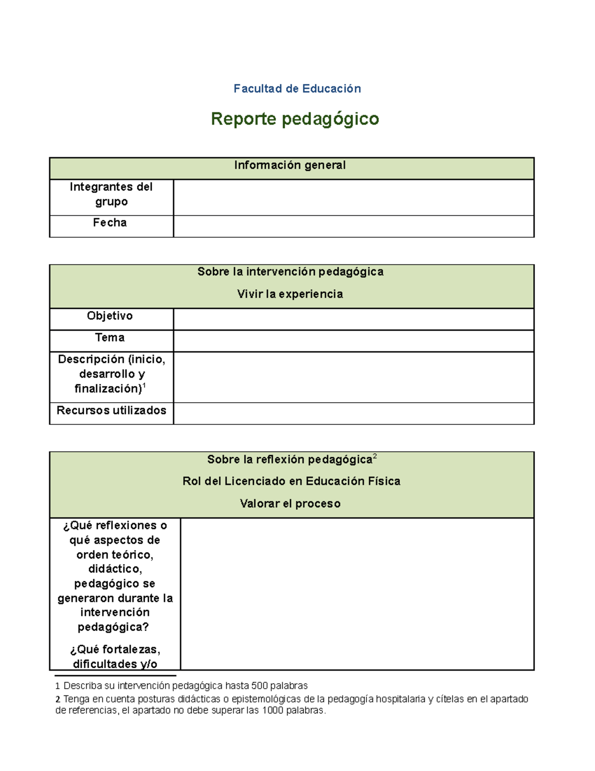 Formato de reporte pedagógico - Facultad de Educación Reporte ...