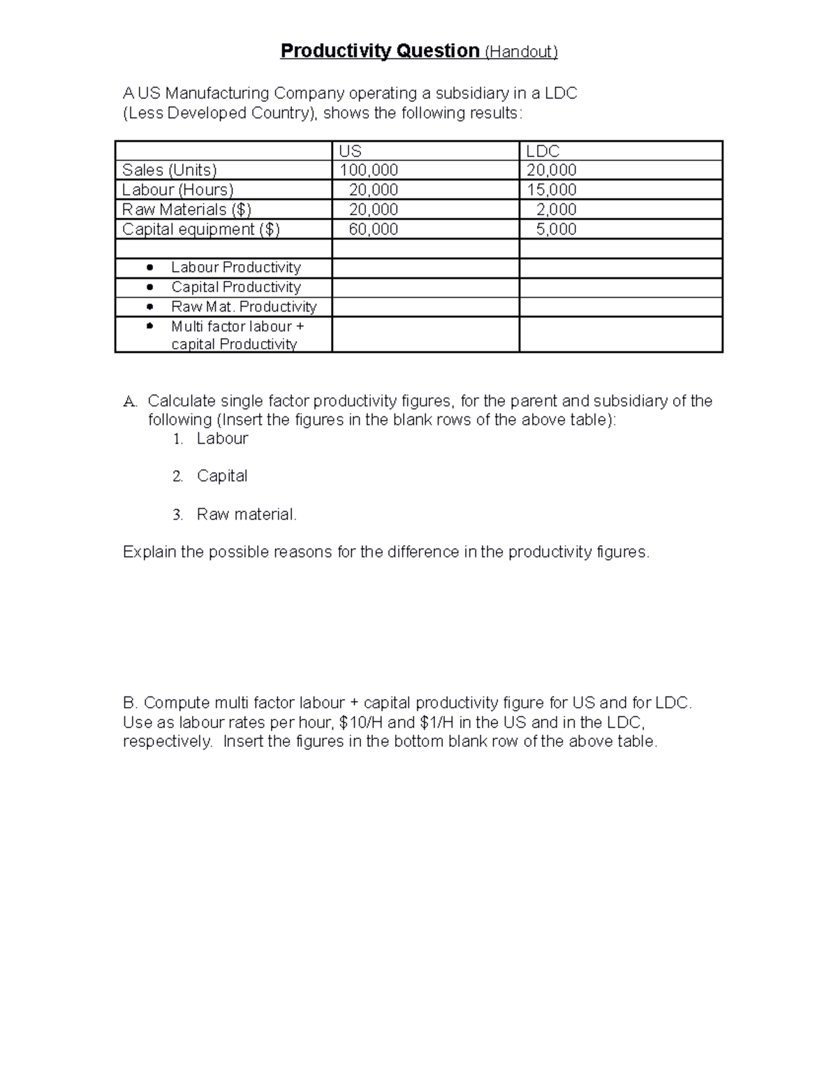 Productivity Exercise US LDC - Productivity Question (Handout) A US ...