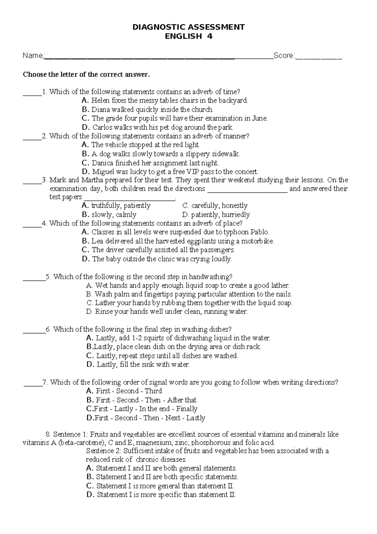 Diagnostic Assessment Tool in English- Grade 4 - DIAGNOSTIC ASSESSMENT ...